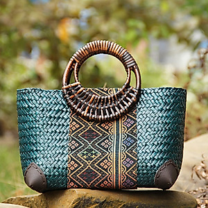 QTKJ Beach Bag for Women, Handmade Rattan Tote Bag, Round Bamboo Handle, Boho Retro pattern Straw Woven Handbag, Large Summer Beach Vacation Bag (Blue)