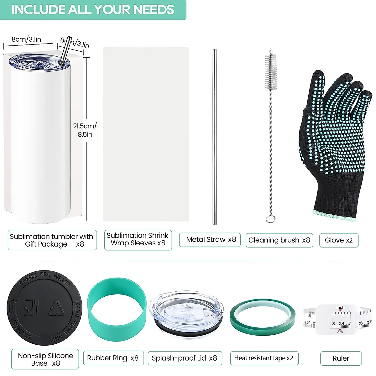 8 Pack 20oz Sublimation Tumbler Bulk, Skinny and Straight, Double-Wall Insulated Stainless Steel Tumbler Cups with Indivisual Gift Box, Tumbler Mearsuring Ruler, Heat-resistant Tape and Gloves
