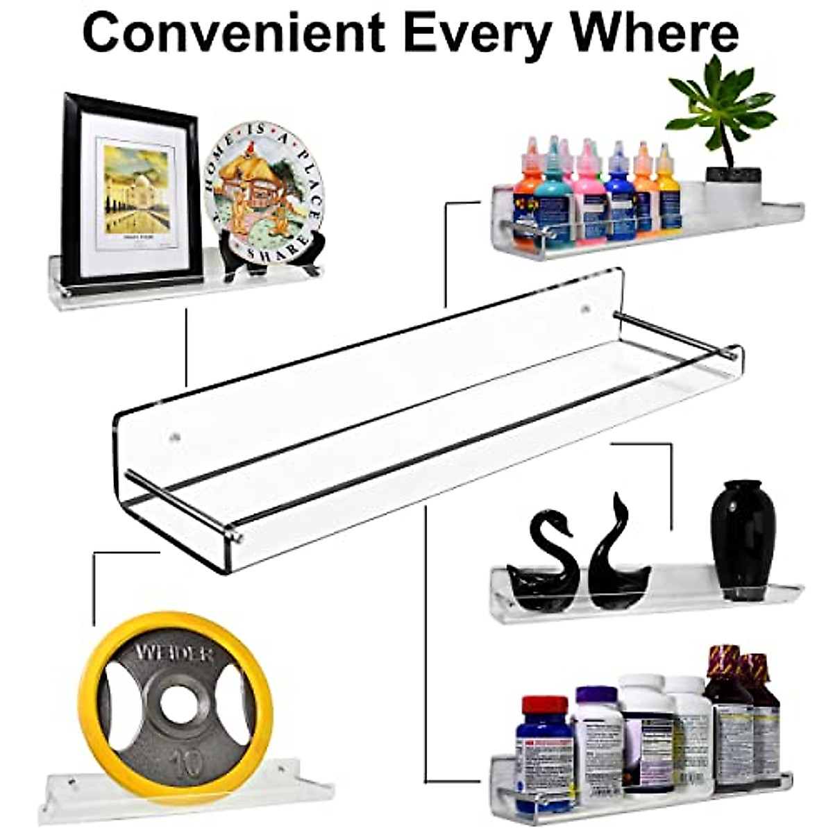 AMT 2 Pack Acrylic Floating Shelves, 15" L x 3.25" W, Clear Bathroom Wall Shelf, Bookshelves, Invisible Display for Office, Bedroom, Small Gap Allows Water to Escape, Free Screws & Drill Bit (Medium)