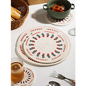 YONOVO Thanksgiving 9.5" Cotton Trivets Set, 3Pcs Pot Holders Woven Large Hot Pads Mats Thick Heat Resistant for Hot Pots and Pans Round Hot Plate Holder Washable Potholders Kitchen Farmhouse