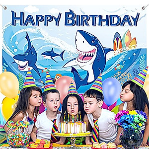 Shark Backdrop for Photo Booth, Shark Happy Birthday Banner, Shark Themed Under The Sea Background Birthday Sign Party Decorations Supplies for Boys Kids, 71 x 43 Inches