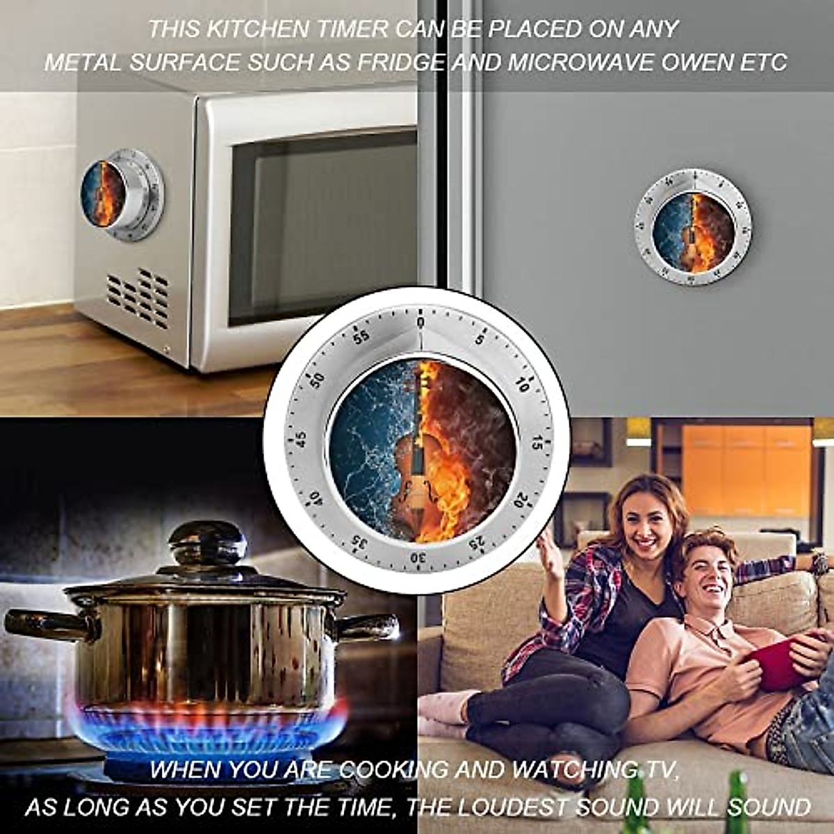 Kitchen Timer Fire Water Guitar Magnetic Countdown Clock for Cooking Teaching Studying
