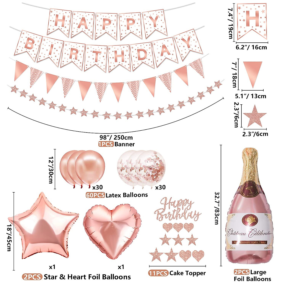 229 Pack Rose Gold & White Party Supplies Rose Gold Birthday Party Decorations Happy Birthday Dinnerware Set Rose Gold Paper Plates, Balloons, Tableclothes, Banner, Garland, Napkin, Cups Serves 20