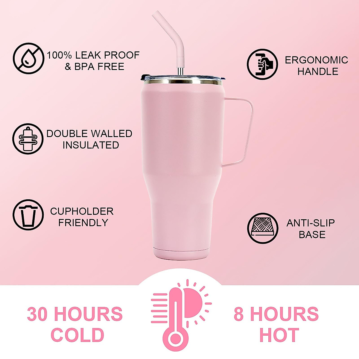 Perched helper 40 oz Tumbler with Handle and Straw, 2-in-1 Lid (Straw/Flip) - Stainless Steel Travel Mug Insulated Vacuum Sealed Cup for Hot and Cold Beverages (Pink)