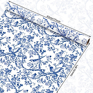 1 Roll Blue Floral Bird Wrapping Paper Mini Roll 17in x 32.8Ft Blue White Flowers Bird Pattern Gift Wrap Paper for Birthday Wedding Baby Shower Party Wrapping Supplies