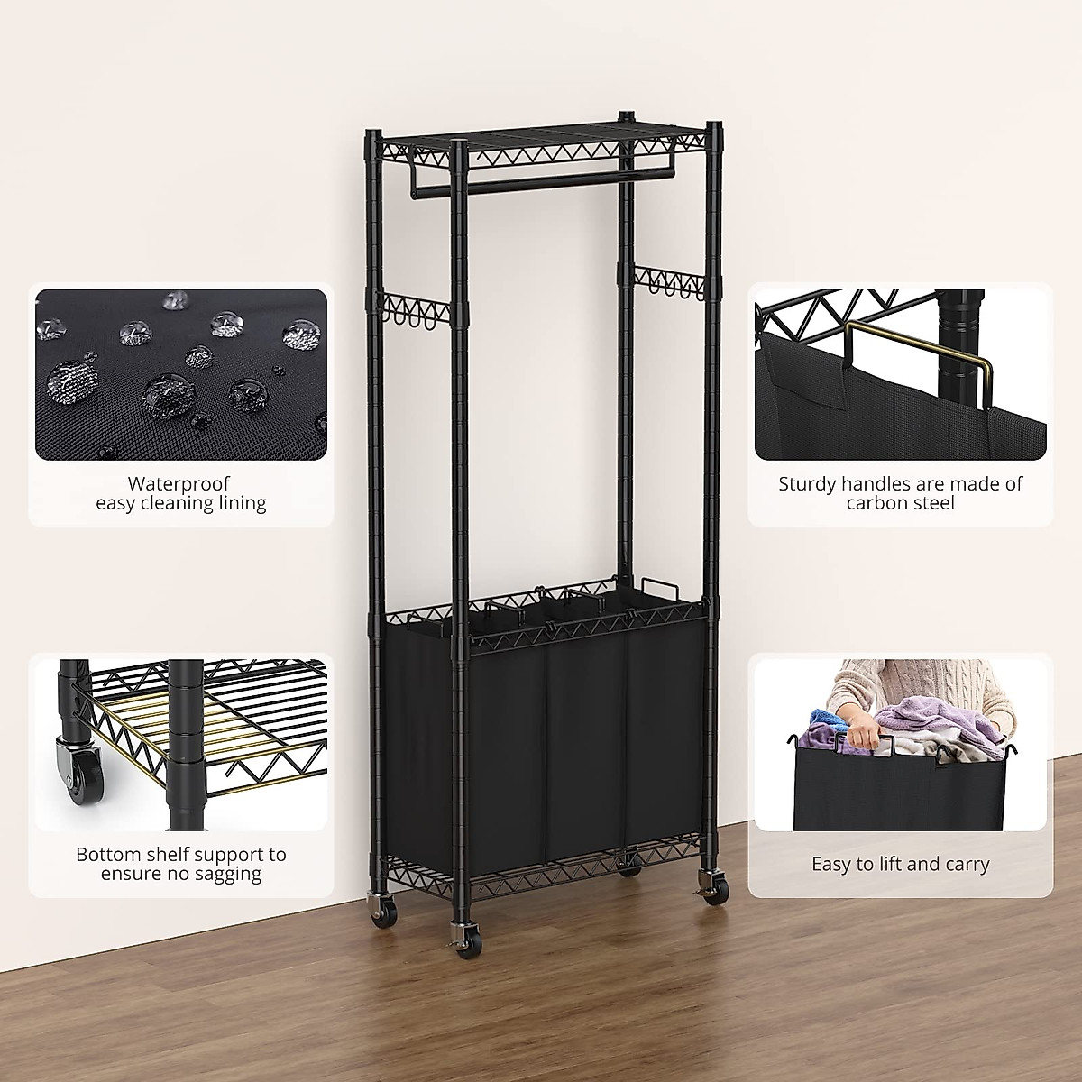 Hodonas Rolling Laundry Basket Organizer with Wheels and Hanging Bar, Laundry Hamper Cart Laundry Sorter 3 Section, Dirty Clothes Hampers for Laundry Bedroom Bathroom w/ 3 Removeable Bags, Black