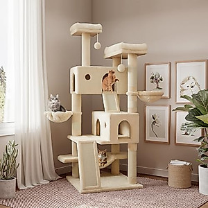 SHA CERLIN 65in Larger Cat Tree Tower Condo for Indoor Cats, Multi-Level Furniture Activity Center with Wide Base/Cozy Plush Cat Perches/Baskets/Sisal Scratching Posts and Hammock/Beige