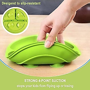 3 Pack Safe Silicone Baby Suction Plates - Toddler Divided Plate Set with Spoon Fork, Dishwasher and Microwave Safe (Blue, Green & Gray)