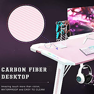 Oryxearth Pink Gaming Desk with LED Lights, 41" Z Shaped RGB Home Gaming Computer Desk Table, Ergonomic PC Workstation with Remote Control, Cup Holder, Handle Rack, Headphone Hook for Office Use