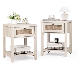 VOWNER 2 PCS White Rattan Nightstand Set of 2, Wood Night Stand with Vintage Metal Pull Handle, Bedside Table Boho End Tables Side Tables with Storage Shelf, for Bedroom