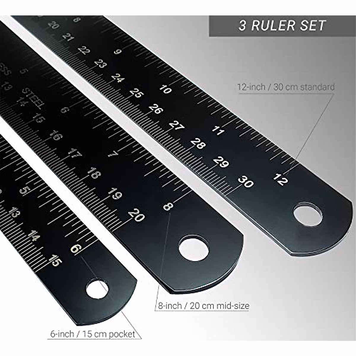 Steel Black Metal Ruler Set - 12, 8, 6 Inch Measuring Kit - Straight Edge Drafting Tool for Architects, Engineers, Crafts, Woodworking - Imperial and Metric Graduations - Protective Pouch Included