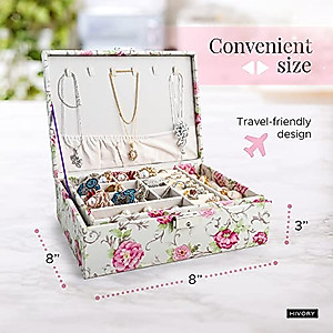 Jewelry Organizer Box - Women Two Layer Display Storage Case Large PU Leather Jewelry Holder with Lock for Earring Ring Necklace Bracelet, Beige White (Floral White)