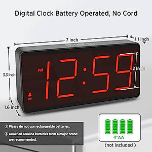 Peakeep Battery Operated Digital Clock, Alarm Clock for Bedrooms - Cordless Large Big Numbers 4 Dimmers for Seniors, Adjustable Volume Loud Alarm Clock for Heavy Sleepers Adults (Red Digits)