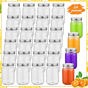 Gerrii 24 Pieces 16 oz Clear Plastic Mason Jars with Lids Refillable Mason Cocktail Cup Empty Canning Overnight Oats Container Plastic Candy Storage Jars Containers for Honey Spices Herbs