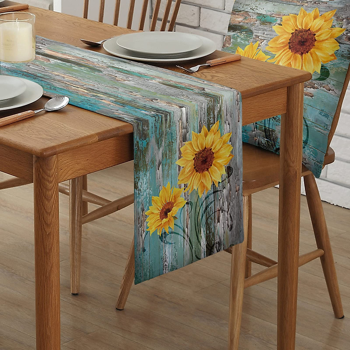 Summer Sunflowers Table Runner 36 Inches Long Farmhouse Dress Scarves, Spring Floral Botanical Teal Brown Retro Wood Dining Tablerunner for Coffee Table/Kitchen Island/Party Décor, Small 13" x 36"
