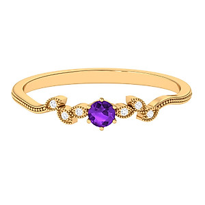 Natural Amethyst Diamond Promise Ring for Women - Pre Engagement Ring, 5 MM Round Amethyst Solitaire Ring, AAA Quality, 14K Yellow Gold, Size:US 8.00
