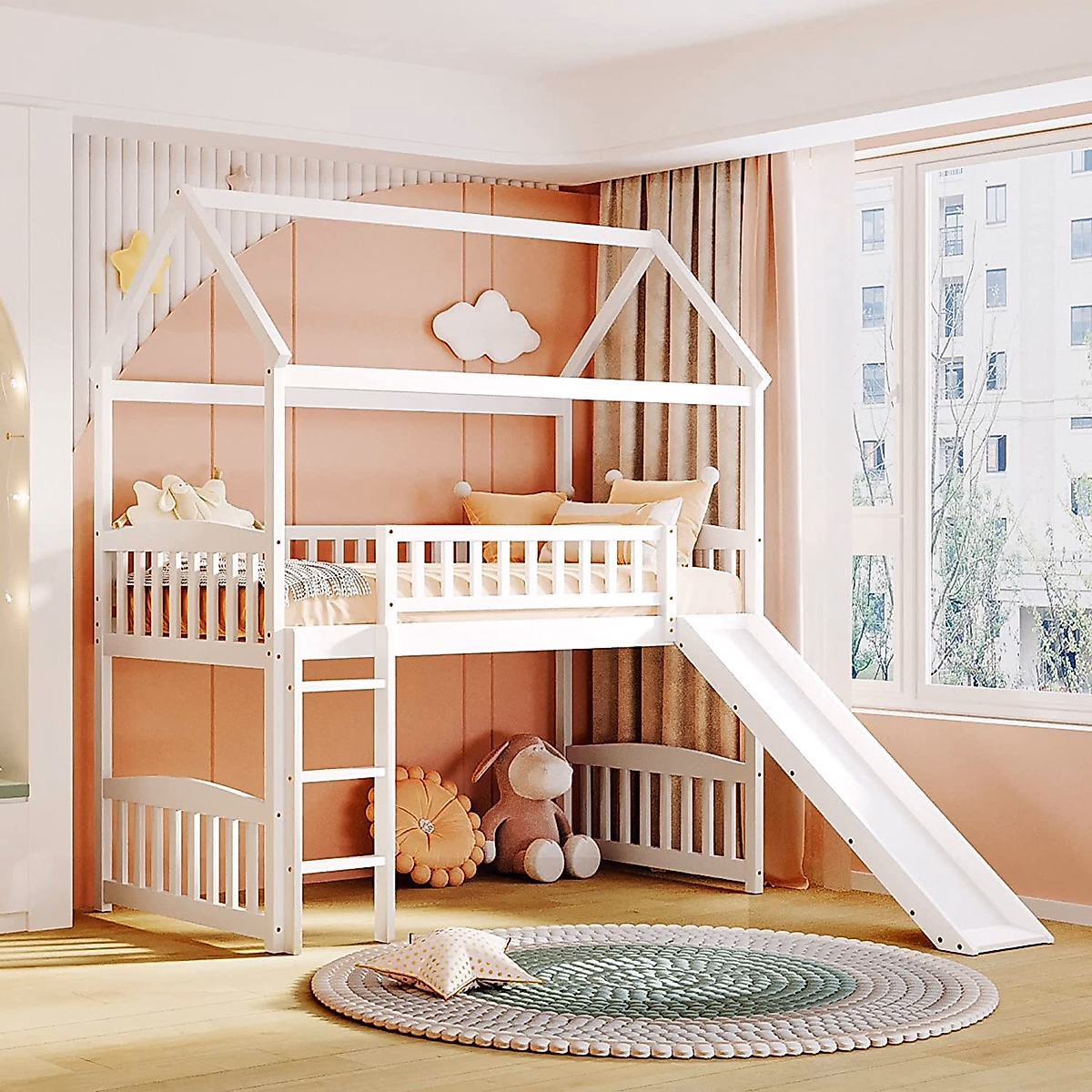 Twin Loft Bed with Slide, Wood House Loft Bed Twin with Slide and Safety Guardrail, Kids Twin Bedframe with Slide, House Loft Bed for Kids Teens Boys Girls, No Box Spring Needed (White, Twin)