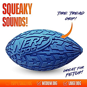 Nerf Dog Tire Football Dog Toy with Interactive Squeaker, Lightweight, Durable and Water Resistant, 6 Inch Diameter for Medium/Large Breeds, Single Unit, Blue (1571)