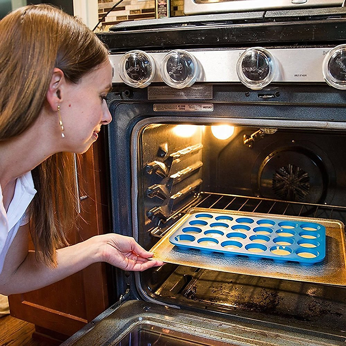 Premium Silicone Mini Muffin & Cupcake Baking Pan Large Non Stick 24 Cup Cookies Molds Bakeware Tin Soap Tray Mould by Meiso (Set of 2) (Blue)