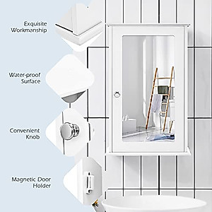 Tangkula Mirrored Bathroom Cabinet, Wall Mount Storage Cabinet with Single Door, Bathroom Medicine Cabinet (White)