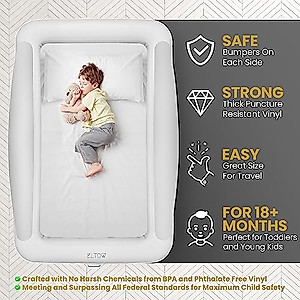 ELTOW Toddler Blow Up Mattress with Sides, Inflatable Toddler Travel Bed with Safety Bumpers for Travel, Complete Kids Air Mattress Set with High Speed Pump and Carry Bag - Black
