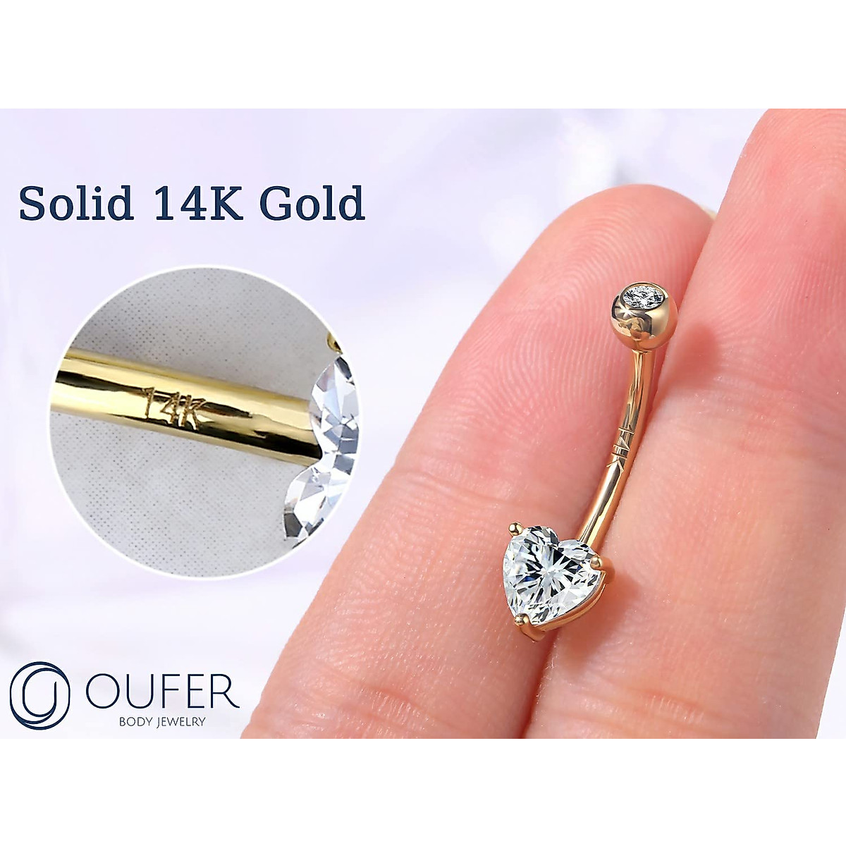OUFER Gold Belly Button Rings, 14K Solid Gold Heart Shaped Belly Rings, Internally Threaded Belly Button Piercing, Clear CZ Belly Piercing Jewelry, Navel Rings-10MM