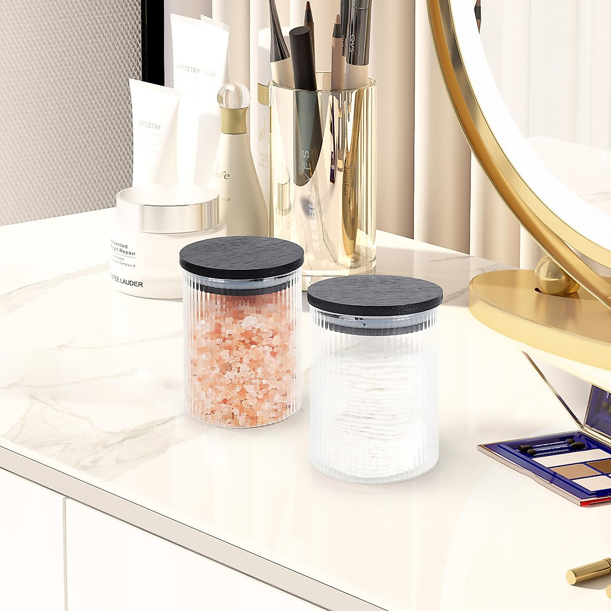 Ribbed Glass Qtip Holder Dispenser Bathroom Jars with Bamboo Lids, Cotton Ball Pad Round Swab Holder for Bathroom Accessories Storage Organizer,Farmhouse Bathroom Decor, Home Decor. (2pcs)