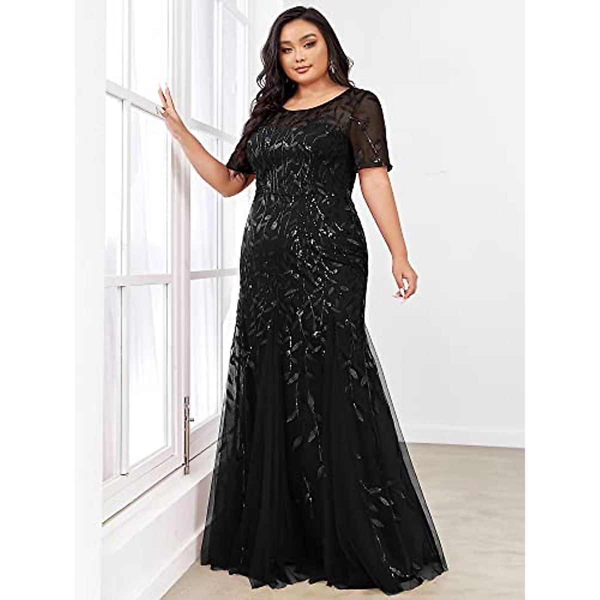 Ever-Pretty Women's Embroidered Prom Dress Long Formal Plus Size Dresses for Wedding Guest Black US22