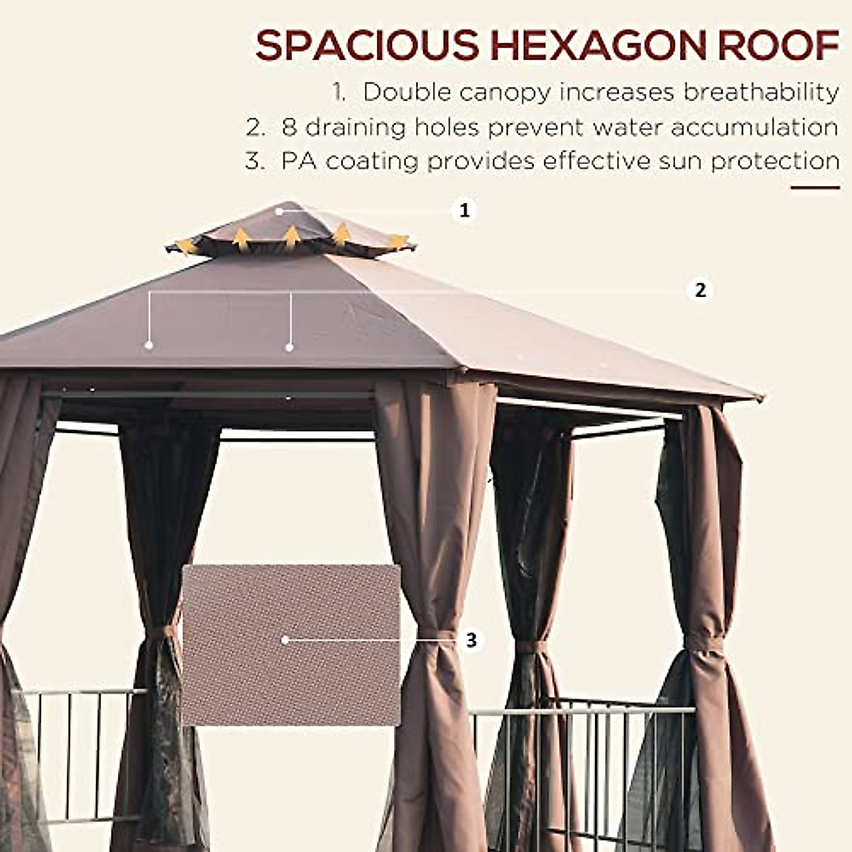 Outsunny 13' x 13' Patio Gazebo, Double Roof Hexagon Outdoor Gazebo Canopy Shelterwith Netting & Curtains, Solid Steel Frame for Garden, Lawn, Backyard and Deck, Coffee