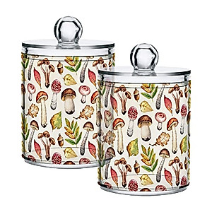 ALAZA 4pcs Mushroom Leaf Qtip Holder Dispenser 14 oz Bathroom Storage Clear Apothecary Jars Containers Cotton Ball,Cotton Rounds,Floss Picks, Hair Clips, Food