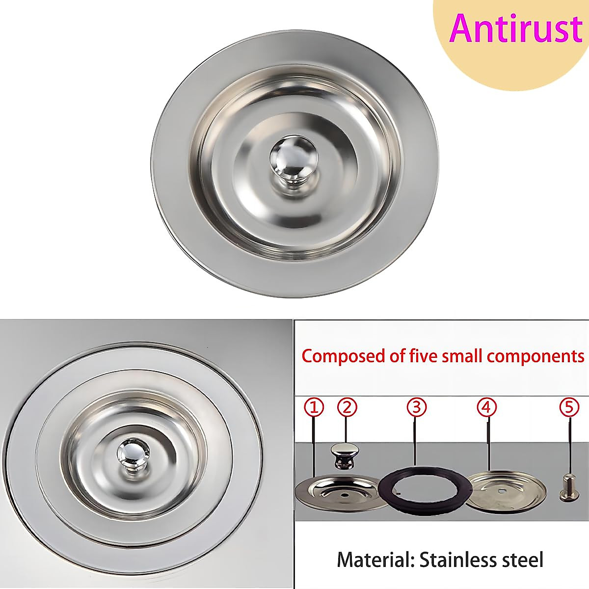 Qrity Kitchen Sink Drain Assembly Kit 110mm, Stainless Steel Sink Basket Strainer, Removable Waste Basket/Sealed Lid