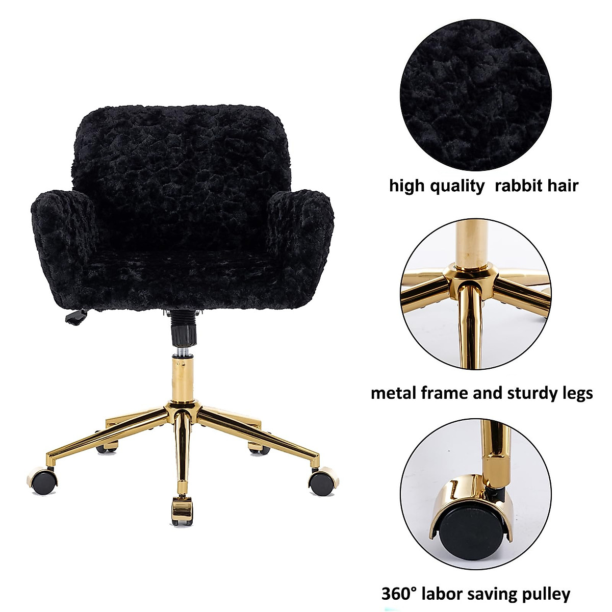 HomVent Fluffy Desk Chair Pink Faux Fur Vanity Chair Adjustable Swivel Computer Chair on Wheels Height Adjustable Cute Desk Chair for Makeup Room Teen Girls Bedroom Home Office (Black P)