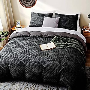 Gracelife Tufted Duvet Cover King Size, 3 Pieces Black Microfiber Duvet Cover Set, Embroidery Shabby Chic Bedding Duvet Covers with Zipper Closure, Corner Ties, All Season