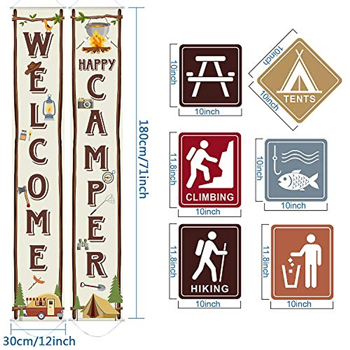 Camping Themed Party Decorations Set, Big Size Laminated Camping Sign Cutouts, Camping Party Banner Welcome Porch Sign for Camping Themed Birthday Baby Shower Decorations