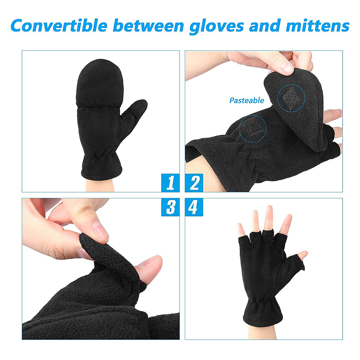 OZERO Winter Warm Gloves 3M Thinsulate Fingerless Convertible Mittens Insulated Polar Fleece Windproof for Running/Cycling/Walking Dogs Thermal for Man and Women (Small,Black)