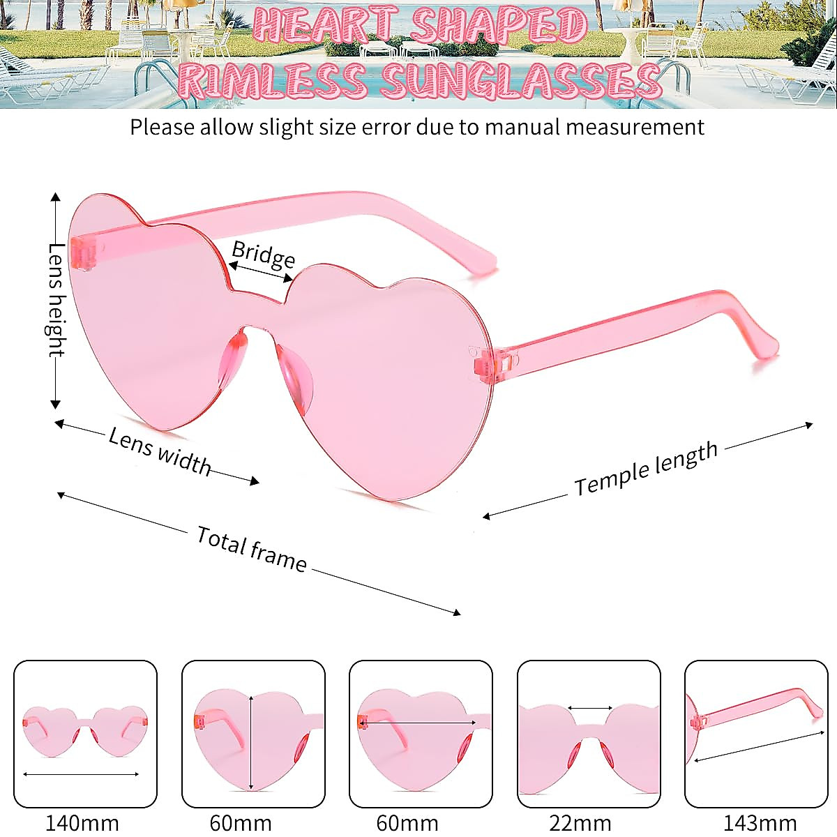 Colrea 12 Pairs Heart Sunglasses for Women Men, Trendy Heart Shaped Rimless Transparent Sunglasses, Colorful Frameeless Heart Glasses, Bachelorette Party Favors