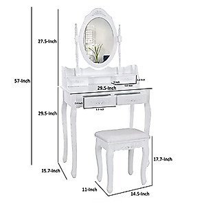 The Urban Port Ren 30-Inch 3-Piece Vanity Desk Set with Rotating Mirror and Matching Stool, 4 Drawers, Solid Wood, Pure White