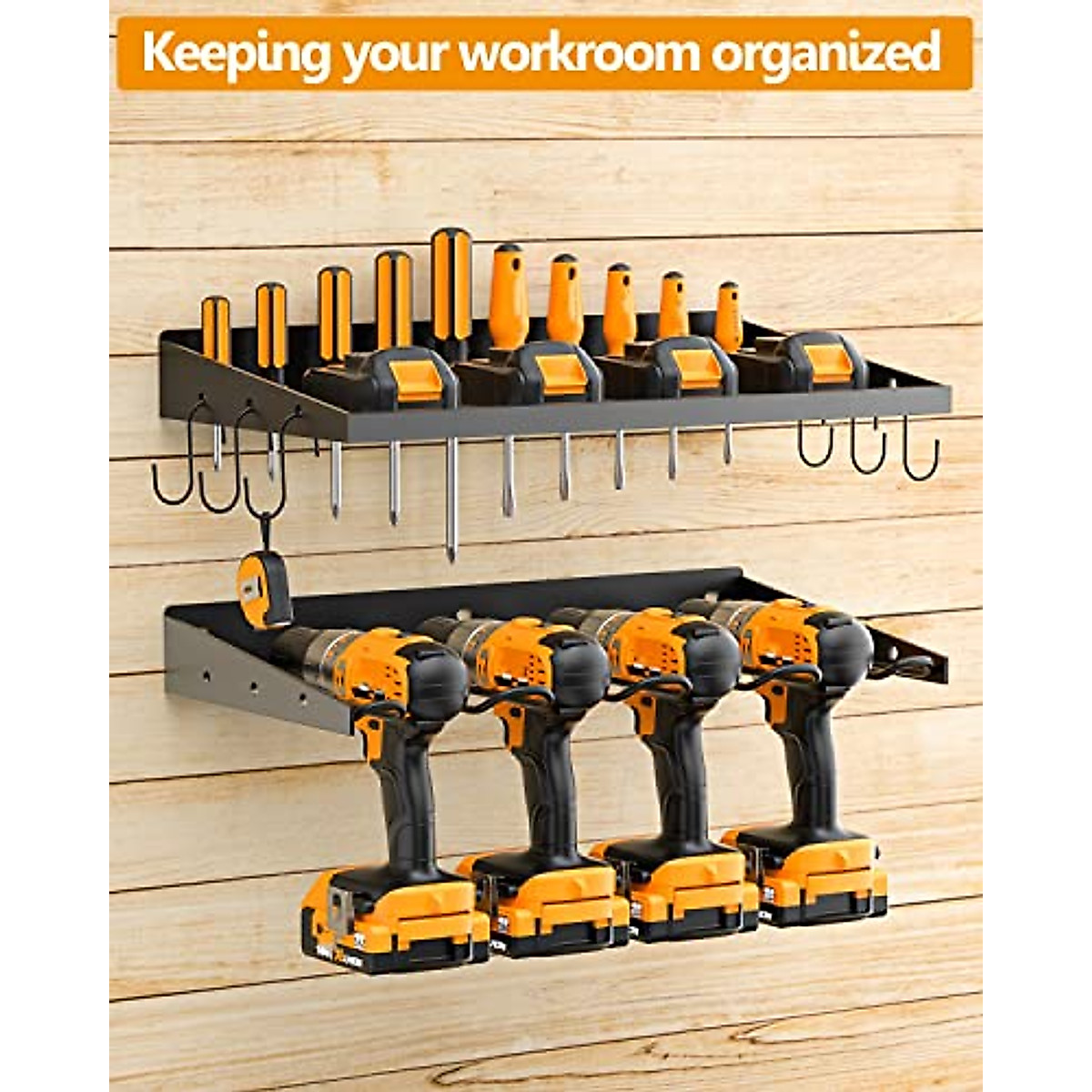 Spampur Power Tool Organizer With Charging Station, Drill Holder Wall Mount, Garage Storage Shelves for Organization, Heavy Duty Tool Shelf & Pegboard Wall Organizer Set Solid Metal 2 Pack