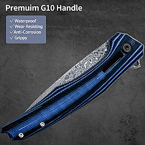 bunnyedge Pocket Knife for EDC, Folding Knife with 3.95” Reverse Damascus Blade, G10 Handle, Ideal Gift for Men Women, for Camping, Fishing, Hiking & EDC ON THE GO - YFA047 - BLUE TREE