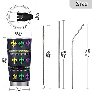 Yasala Mardi Gras Tumbler Party Bunting Beads Fleur De Lis Insulated Coffee Cup Fat Tuesday Beverage Container Office Travel Mug with Straw and Lid 20oz Holiday Back to School Gift