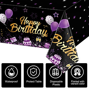 Breling 3 Pack Birthday Party Supplies Confetti Sprinkles Happy Birthday Tablecloths Starry Table Covers for Kids Adults Party Decorations, 54 x 108 Inches (Purple and Black)