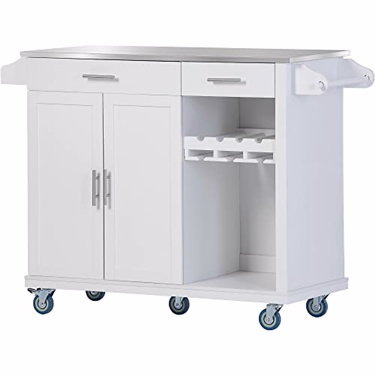 Rolling Kitchen Island Cart on Wheels, with Stainless Steel Countertop, 2 Storage Drawers & Goblet Holder & Spice Shelf, Towel Rack, for Dining Room, Restaurant, White