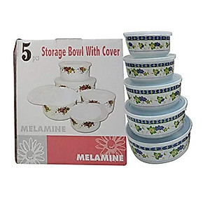 Melamine Bowl 5 Pcs set - serving bowls with lids Bowl Set for Soup Cereal Rice Noodles Salad, Dishwasher-Safe