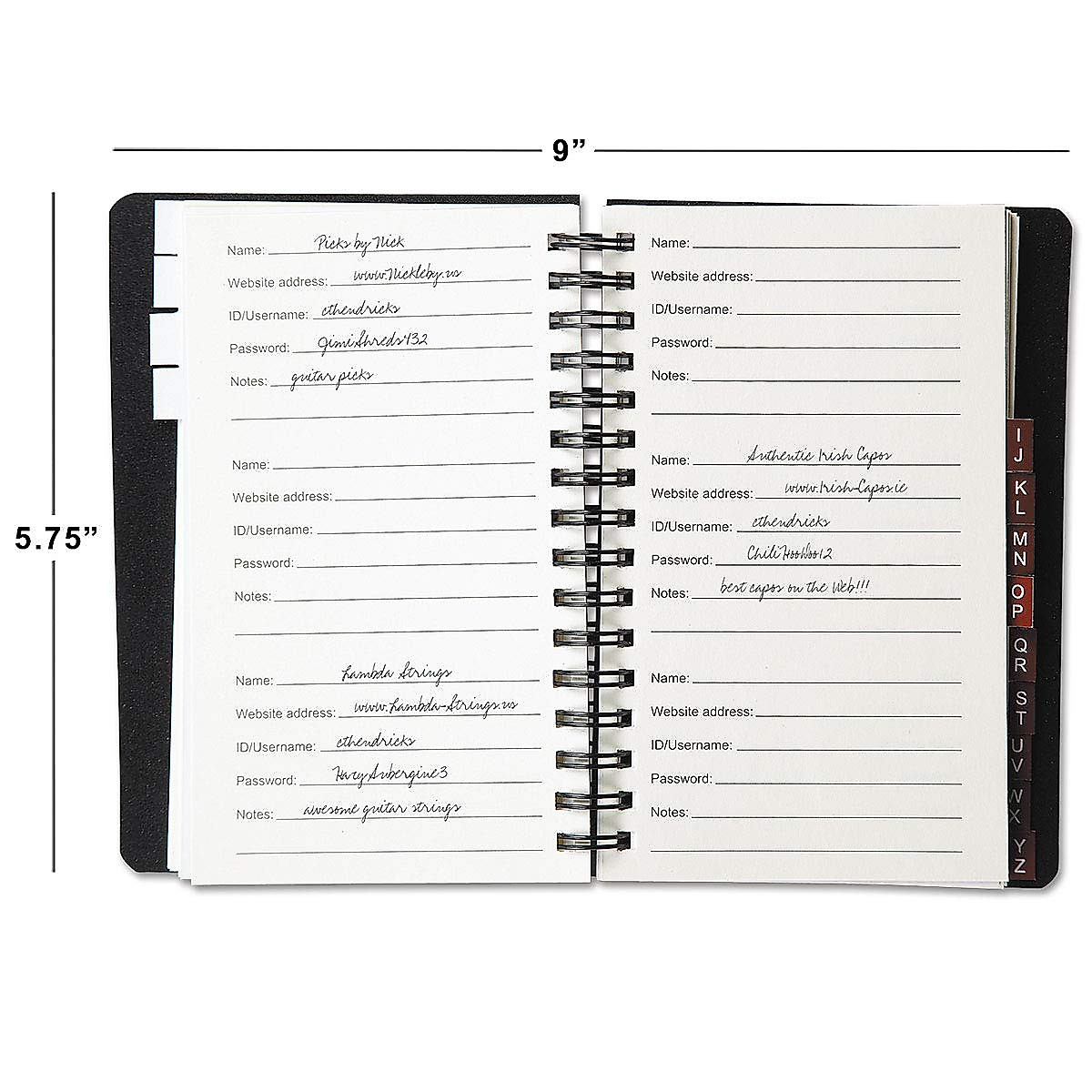 Current Black Password & PIN Keeper Book, 65 Pages, 4.5” x 5 ¾” Size Spiral Bound, Alphabetical Tabs, Plastic Cover Internet Organizer for Offline Website, Login, & Username Storage