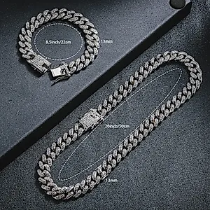 GIHENHAO 2pcs Cuban Link Chain for Men,Silver Necklace and Bracelet,Miami Cuban Chains,Bling Diamond Chain for Hip Hop Jewelry