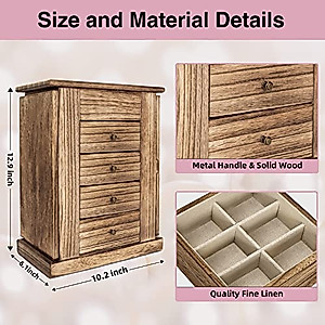 Emfogo Jewelry Box for Women, 5 Layer Large Wood Boxes & Organizers for Necklaces Earrings Rings Bracelets, Rustic Organizer with Drawers and Mirror(Carbonized Black)