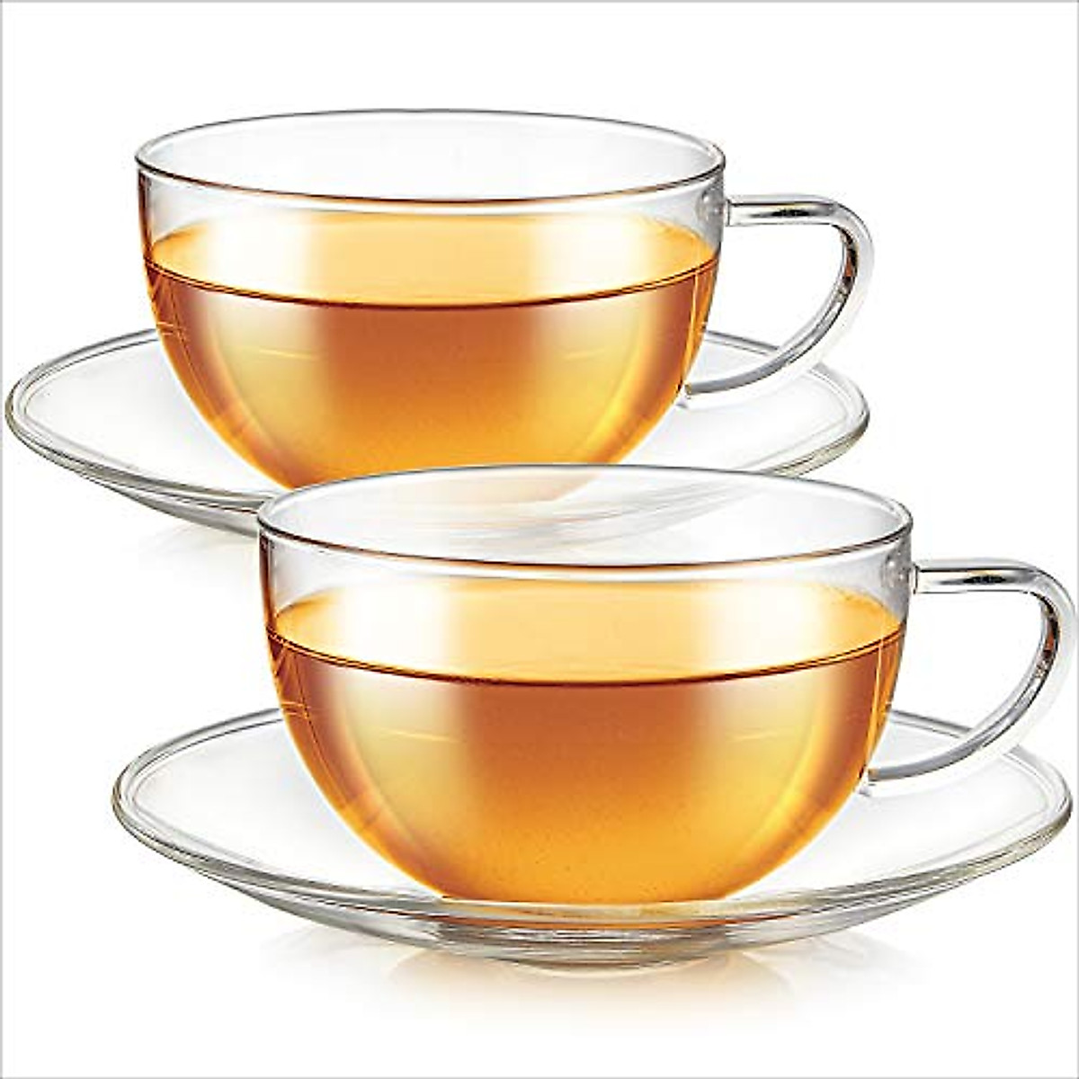 Teabloom Kyoto Teacup and Saucer Set 2-Pack – Large Size – 12 OZ/ 350 ML Capacity – Crystal Clear Design –– Premium Borosilicate Glass – Heat Resistant, Microwave Safe – Glass Mug Set