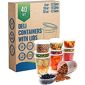 Deli Plastic Food Storage Containers with Airtight Lids [ 12Sets-8oz | 20Sets-16oz | 12Sets-32oz] - Great for Slime, Soup Containers, Portion Control | Microwave | Dishwasher | Freezer Safe | Leakproof | (40 Mix Sets)