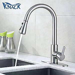 Single Handle High Arc Pull Out Brushed Nickel Kitchen Faucet, Single Level Stainless Steel Kitchen Sink Faucets with Pull Down Sprayer, KNACK