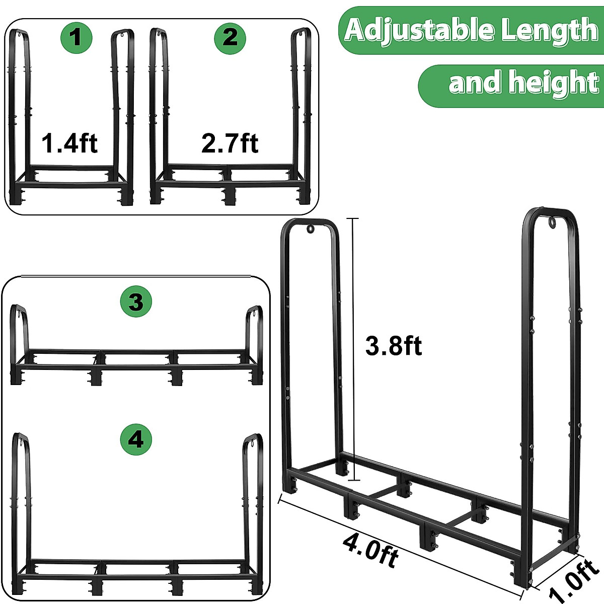 CONNOO 4ft Firewood Rack Stand Heavy Duty Firewood Log Rack Holder Fireplace Wood Storage Holder for Indoor Outdoor Metal Pile Log Stand Stacker Holder, Matte Black